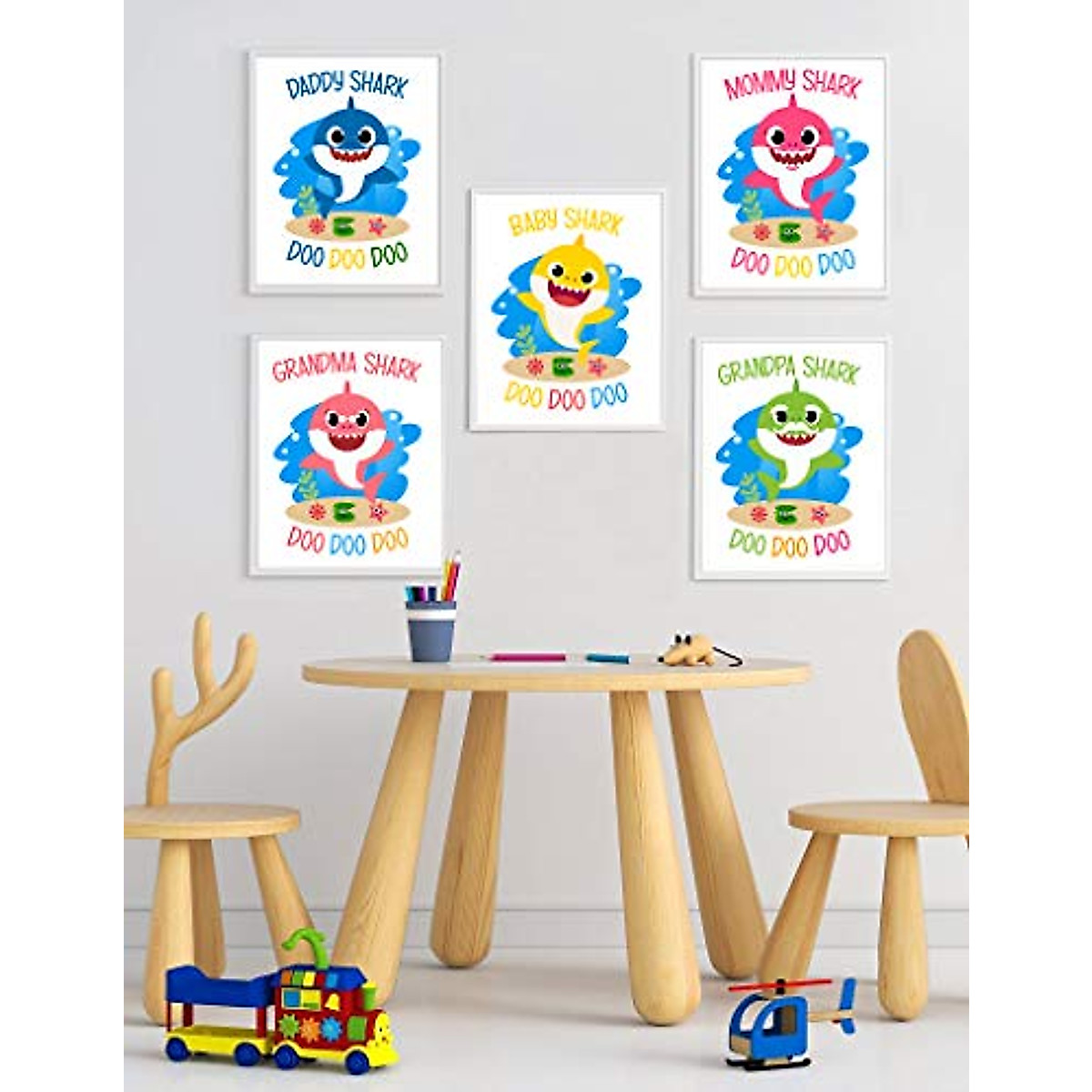 Baby Shark Art Prints, Set of 5 (8 inches x 10 inches), Nursery Wall Art Stuff Decor, Wall Poster for Baby Shower Decorations, Baby Bedroom, Kids Playroom, Mommy Daddy Grandma Grandpa (UNFRAMED)