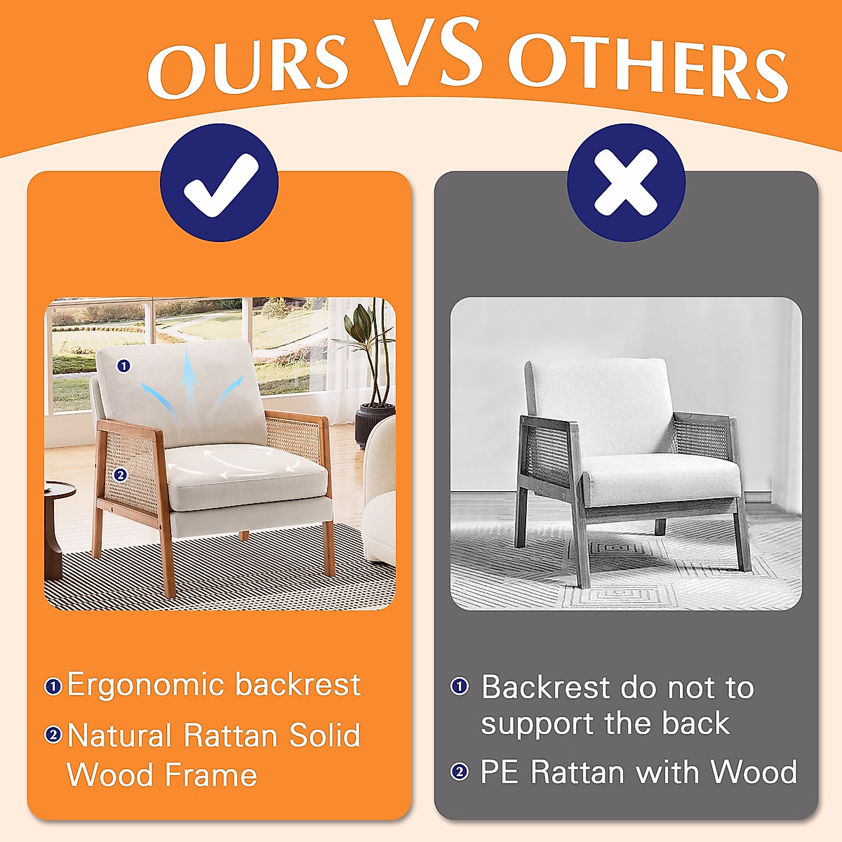 Alunaune Ivory Accent Chair Natural Rattan Armchair Upholstered Living Room Chairs, Modern Slipper Club Chair Guest Reception Couch Comfy Single Sofa for Reading Bedroom