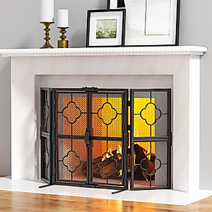 Amagabeli 48 x 28 Inch Fireplace Screen with Doors 3 Panel Foldable Wrought Iron Furnace Fireguards Fireplace Cover Free Standing Large Screen for Fireplace Wood Burning Metal Mesh Fire Spark (Black)
