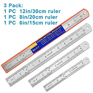 3PCS Stainless Steel Ruler, Metal Ruler Set (6 8 12 inch), Steel Ruler with Inch and Metric, Machinist Ruler, Metric Ruler, Imperial Ruler, for School, Office, Home, Engineer, Craft