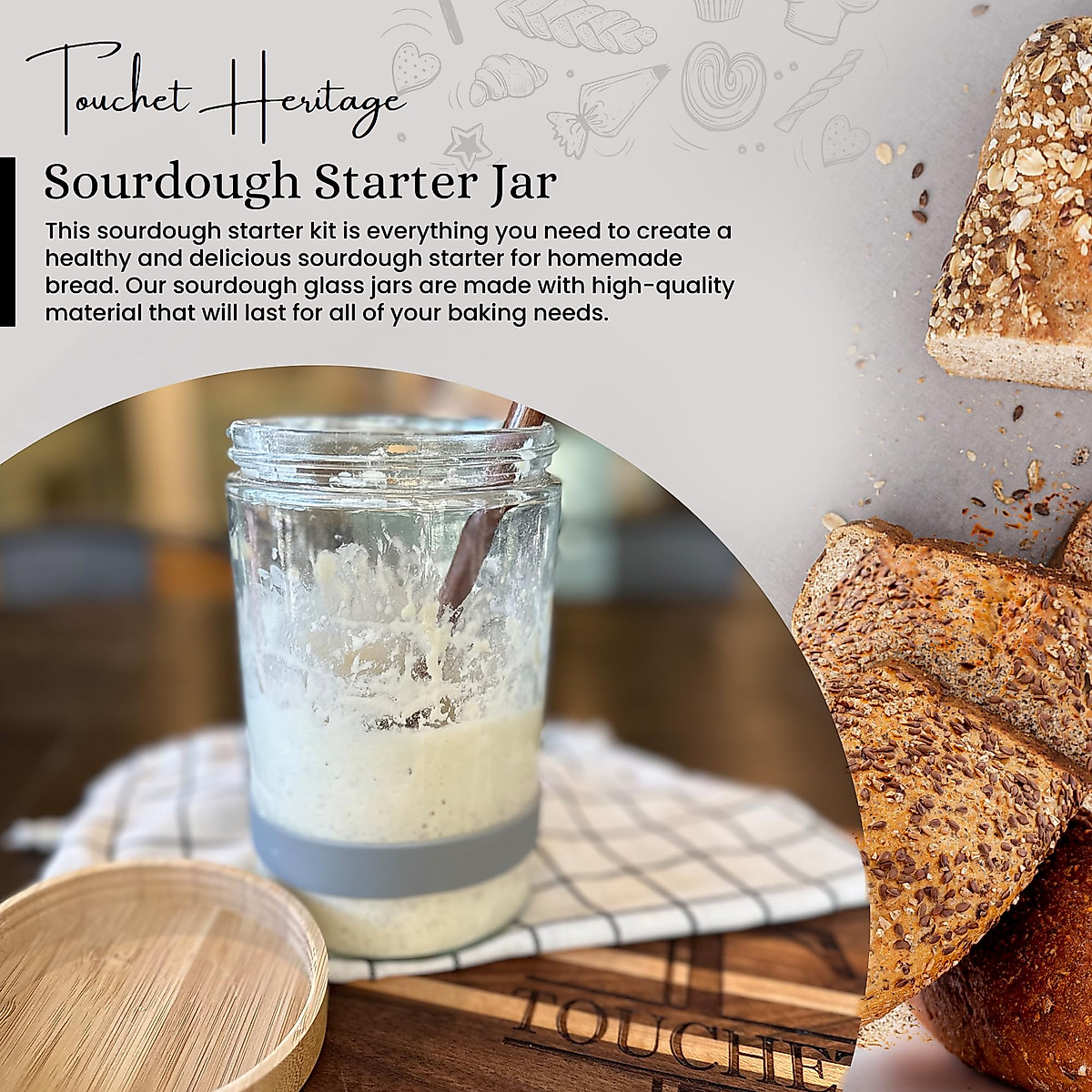 Touchet Heritage Sourdough Starter Jar (32oz) | Sourdough Starter Kit | Thick, Durable Glass w/Bamboo Lid | 6.5” x 4" | Wide Mouth Glass Jar for Sourdough with Wooden Spoon & Silicone Measuring Band