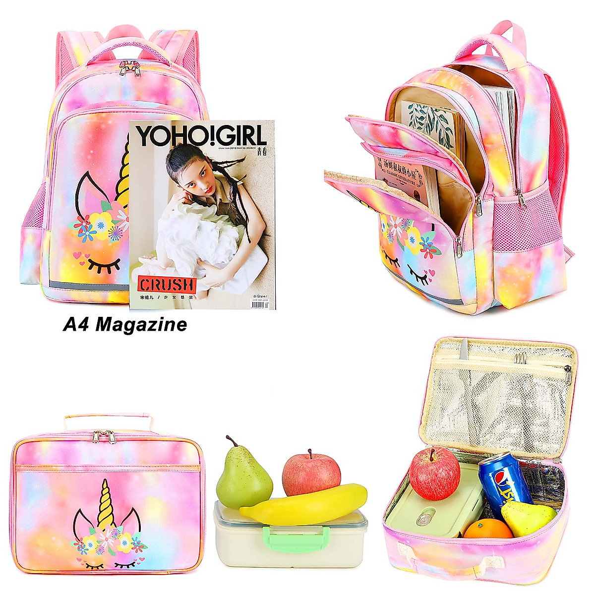 Girls Backpack for Kids Preschool Backpack with Lunch Box Kindergartern School Bookbags Set (Rainbow Unicorn)