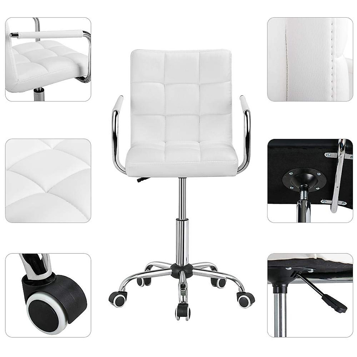 Yaheetech Adjustable Swivel Chair Faux Leather Computer Office Desk Chair Gas Lift Chrome Base On Wheels White