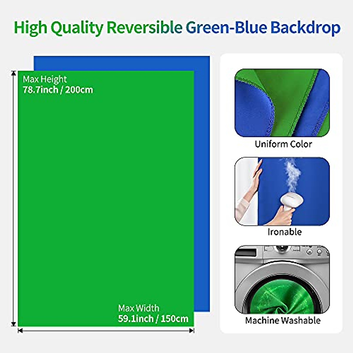 Hemmotop Green Screen Backdrop with Stand Kit 5x6.5ft for Zoom, 2-in-1 Reversible Blue Screen and Green Screen with Portable T-Shaped Background Support Stand, 5 x Backdrop Clip