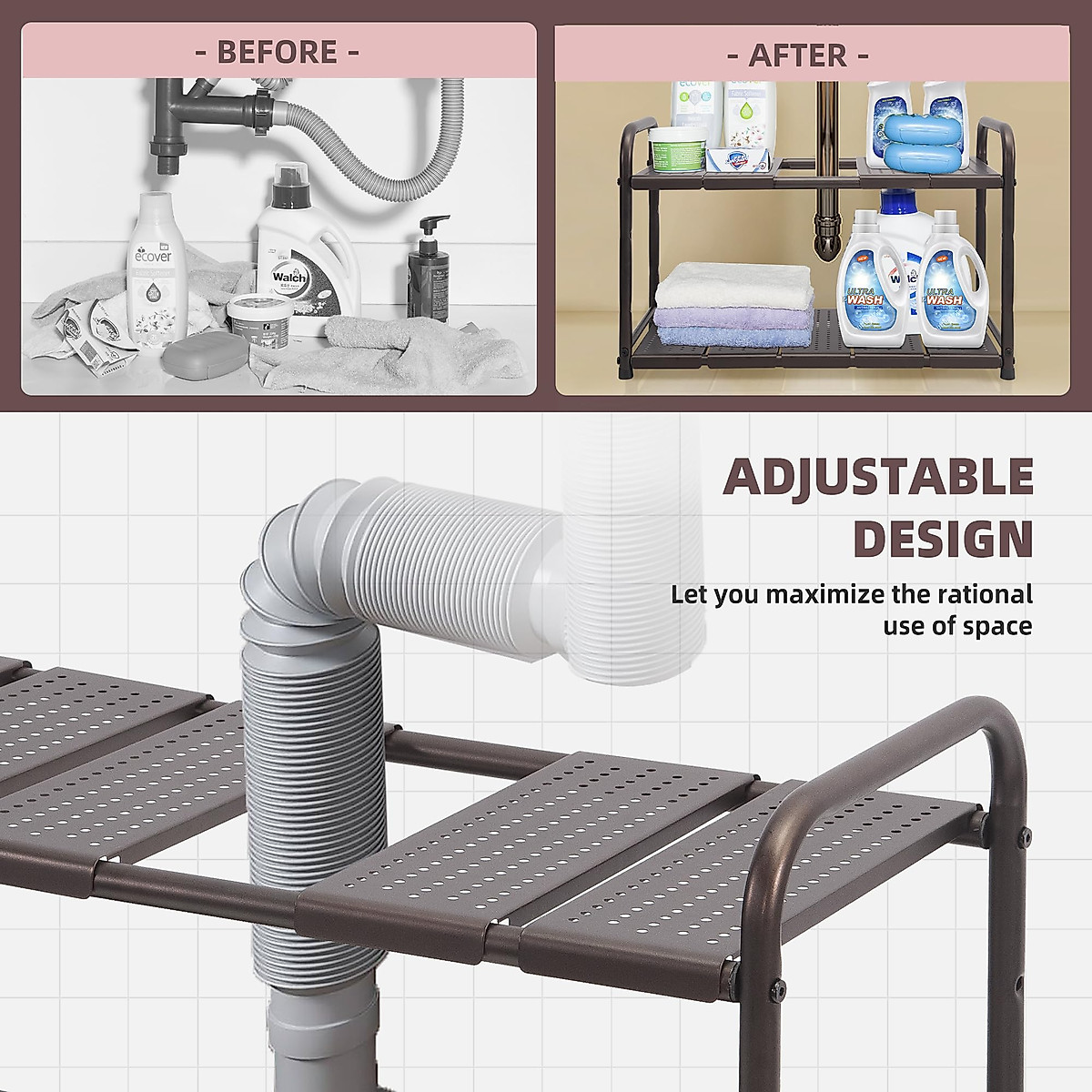 STORAGE MANIAC Under Sink 2 Tier Expandable (Width & Height) Shelf Organizer, Under Sink Organizer and Storage with 10 Removable Steel Panels for Kitchen, Bathroom - from 18.5 to 30 Inches, Bronze