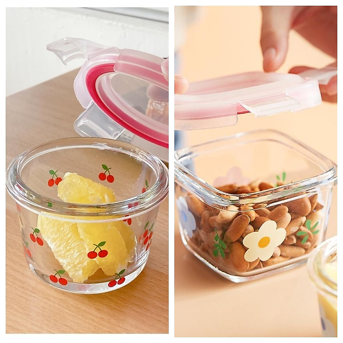 Ivymei 2 Pack Mini Square Round Glass Containers with lids,Small Floral Food Storage Contaiers Glass Food Jars for Food Portion,Dipping Sauce,Snack,Yogurt,Leakproof,Microwave Freezer Safe