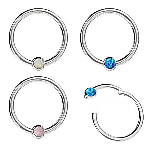 Bezel Set Pink Opal Stone 16 Gauge -10MM Diameter 316L Surgical Steel Clicker Hinged Segment Nose Ring Septum Piercing Jewelry