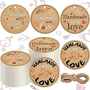 240 Pieces Handmade Gift Tags Handmade with Love Gift Tags with String 2.3'' Round Tags Brown Rustic Kraft Hang Tags for Wedding Party Favor DIY Craft and Birthday Party