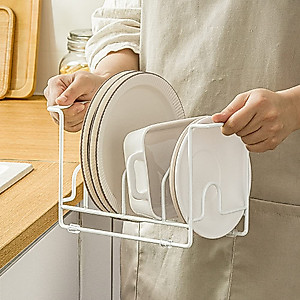 LINFIDITE Plate Holder Organizer Cutting Board Holder Pot Pan Lids Rack Dish Storage Rack Kitchen Cupboard Counter Organiser Stand for Plate Baking Tray Pot Lid Cutting Boards,Premium Steel White