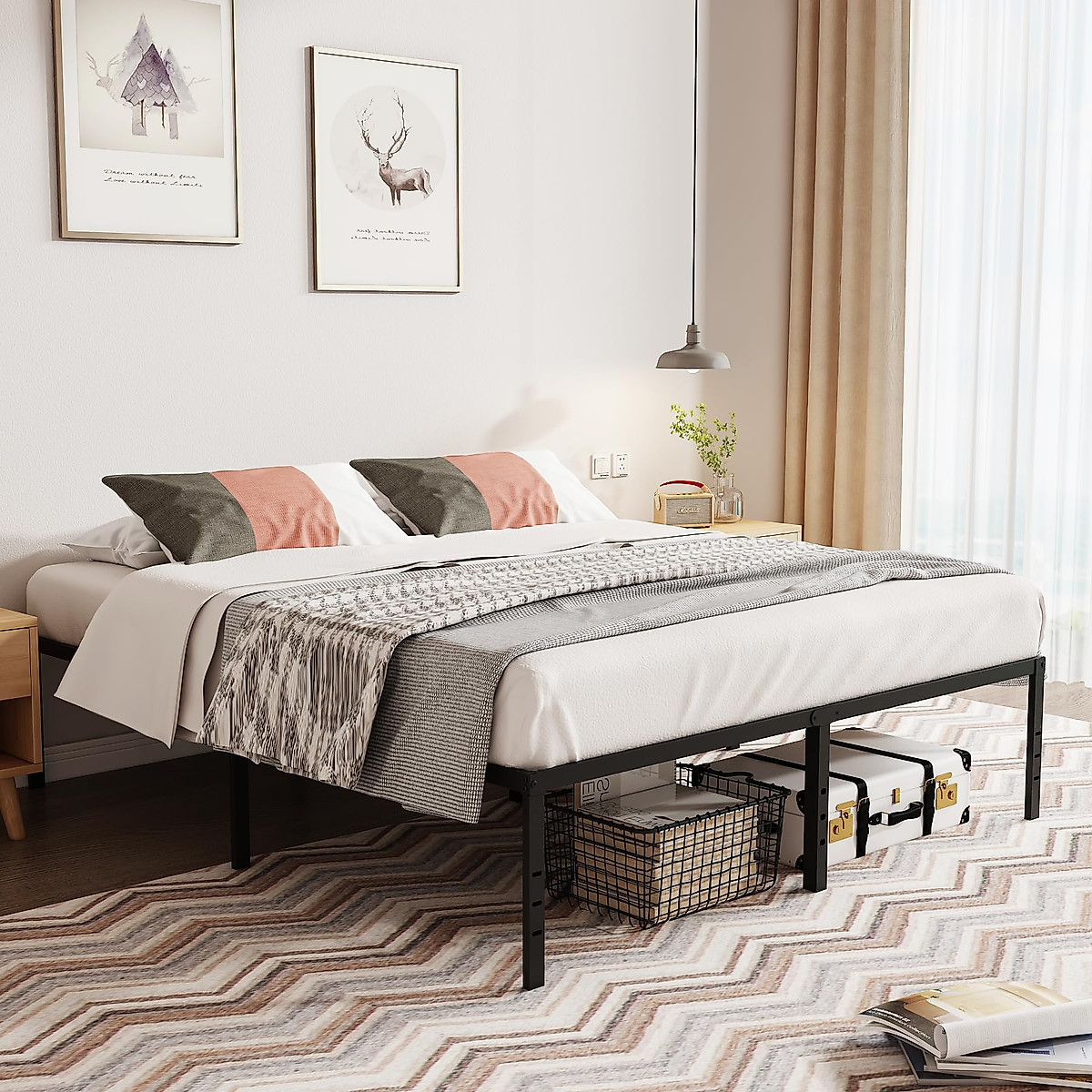 Mavesmog Full Size Bed Frame 18 inch High Metal Platform Heavy Duty Bed Frame Full Sturdy Steel Slat Support Foundation Full Bed Frames, No Box Spring Needed, Under Bed Storage, Easy Assembly