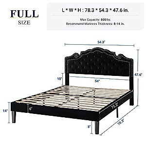 Allewie Full Size Bed Frame with Velvet Tiara Headboard, Upholstered Diamond Button Tufted Platform Bed, Sturdy Wood Slats Support, No Box Spring Needed, Black