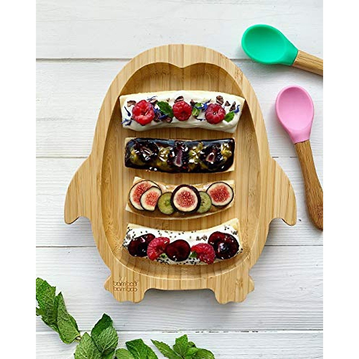 Bamboo Baby Plate with Suction - Kids and Toddler Suction Cup Plate for Babies, Non-toxic All-Natural Bamboo Baby Food Plate Stays Cool to the Touch for Baby-Led Weaning (Penguin-Yellow)
