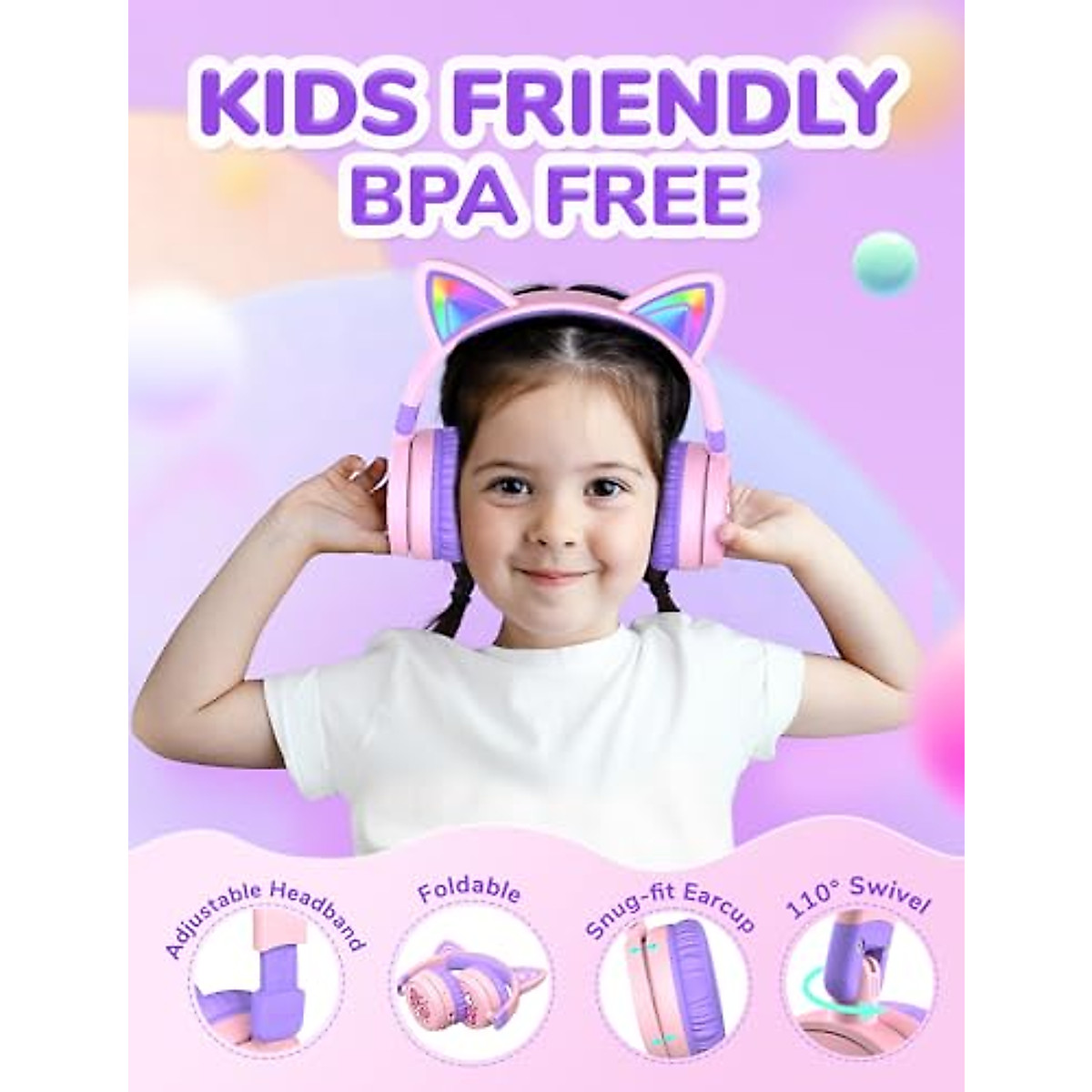iClever Kids Bluetooth Headphones, Light Up Cat Ear, Safe Volume 74/85dBA,60H Playtime,Bluetooth 5.3,USB C Charging,Wireless Kids Headphones AUX Cord for iPad Tablets School Travel,Meow Cookies-Purple