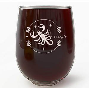 Spotted Dog Company Scorpio Zodiac Astrological Sign Gift and Decor - Etched 17oz Stemless Wine Glass - October and November Astrology Birthday Horoscope - cm01