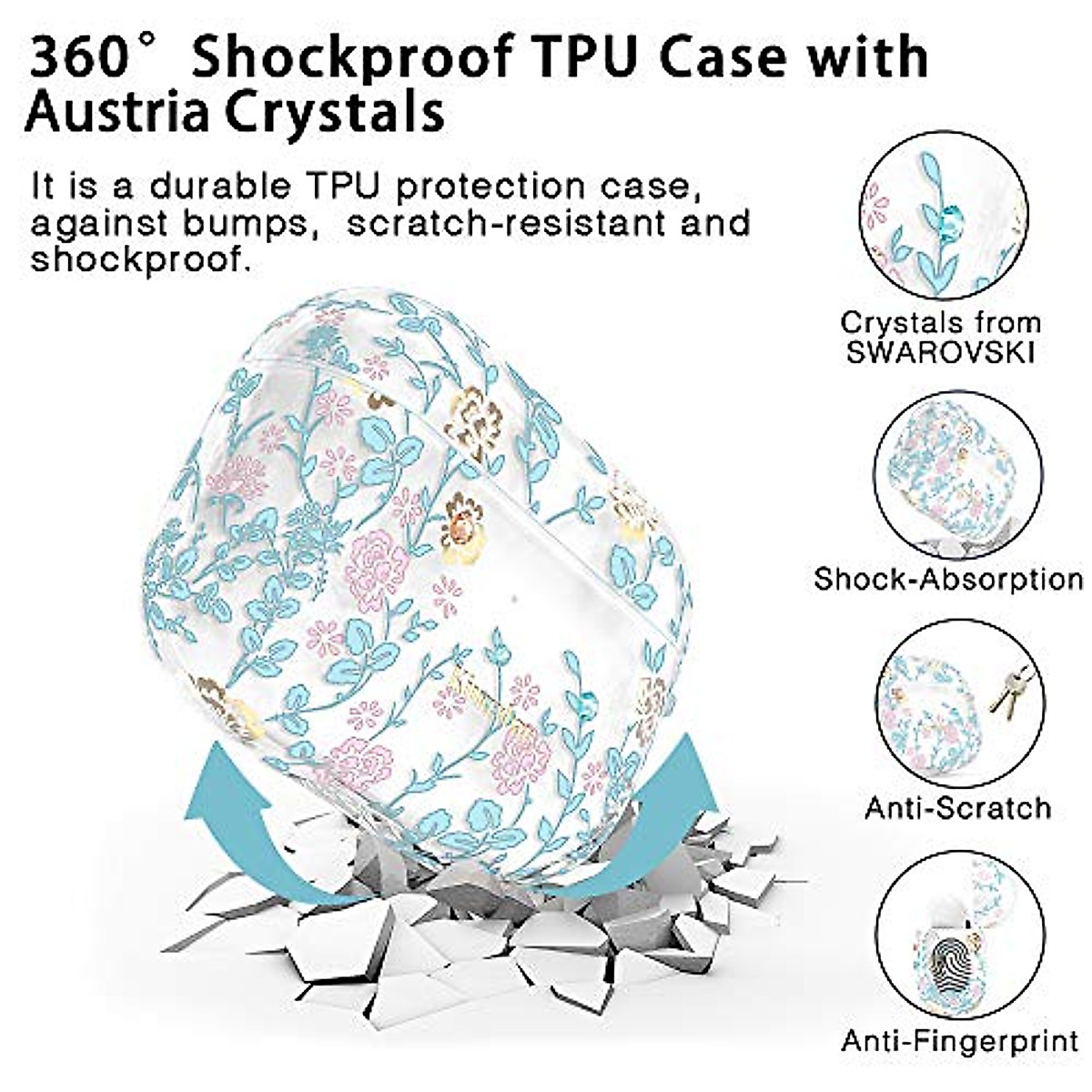 KINGXBAR Queenxbar Airpods Case Cover, Clear Hard PC Airpods Cover Sparkle Crystals with AirPods Strap/Ear Hook/Watch Band Holder/Heart-Shaped Carabiner for Airpods 1 & 2(Front LED Visible)