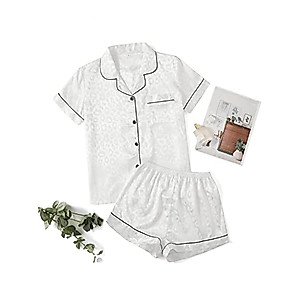 Verdusa Women's 2pc Satin Nightwear Button Front Sleepwear Short Sleeve Pajamas Set Leopard White XL