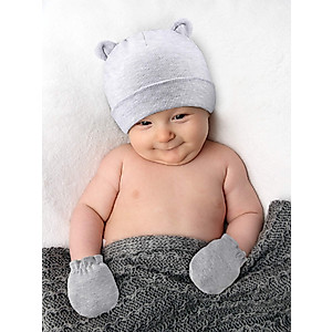Baby Hats Mittens and Socks Set Include 5 Pieces Newborn Beanie Caps with Cute Bear Ears 10 Pieces No Scratch Mittens and 10 Pieces Non-Slip Baby Socks for 0-6 Months Baby Boys and Girls