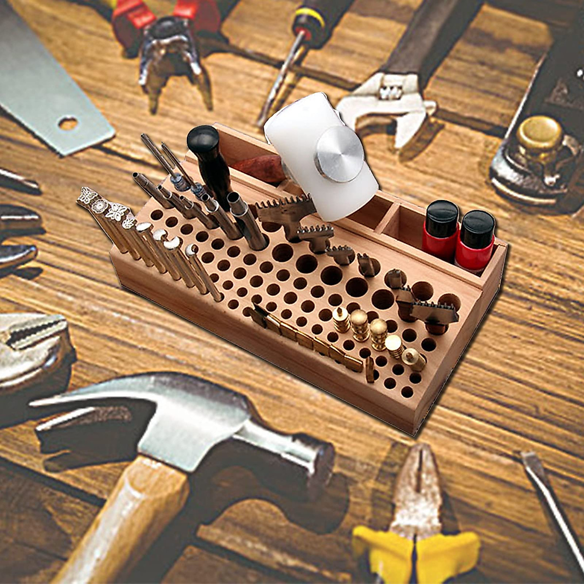 Professional Leather Craft Tool Holder, 98 Holes Wooden Leathercraft Tool Stand Organizer with 3 Slots, Large Tool Rack Storage