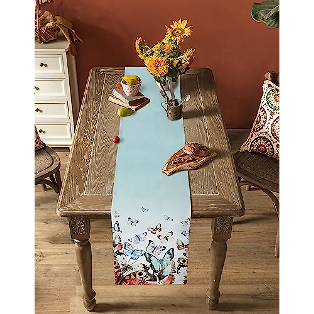 Teal Ombre Table Runner 72 Inches Long Farmhouse Dress Scarves, Red Blue Butterfly Modern Abstract Art Dining Tablerunner for Coffee Table/Kitchen Island/Party Décor, 18" x 72"