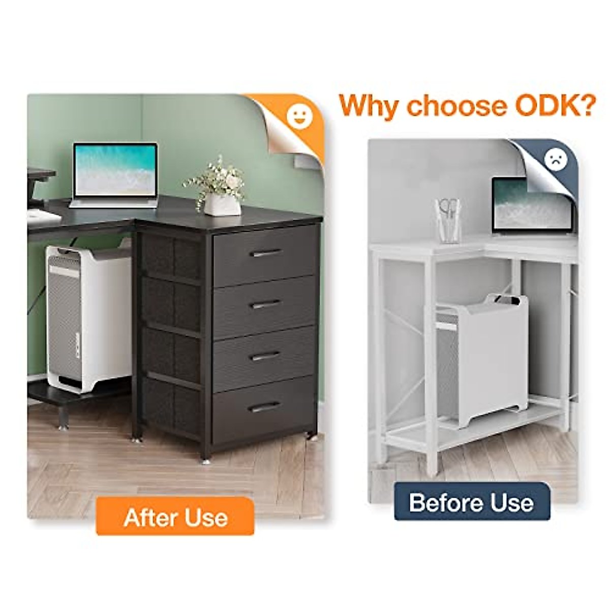 ODK 63 inch L Shaped Computer Desk with USB Charging Port & Power Outlet, Gaming Desk Corner Desk with 4 Tier Drawer & Monitor Shelf for Home Office Workstation, Modern Style Writing Table, Black
