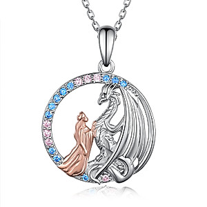 SCZKLAQ Dragon Necklace for Women 925 Sterling Silver Dragon Pendant Necklace Queen Princess Stroking Dragon Jewelry Gift for Women
