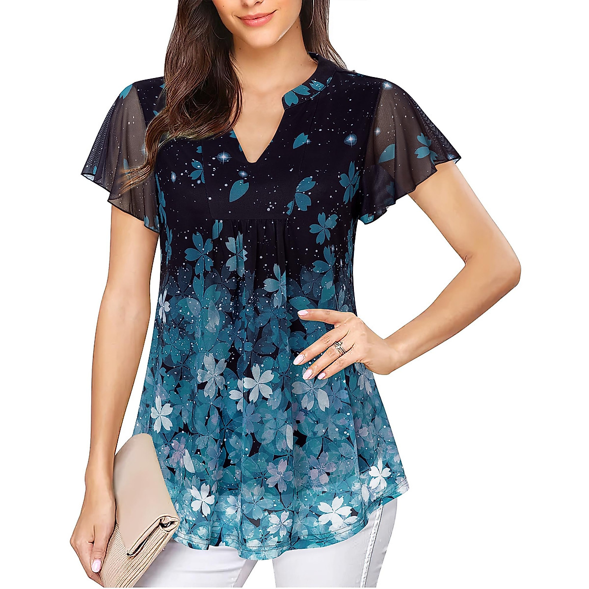 Youtalia Womens Petite Tunic Tops Short Sleeve, Ladies Blouses and Tops Dressy V Neck Floral Work Blouses Polyester Shirts Fancy Women Tops Evening Party Layered Dress Shirts Blue Sakura M