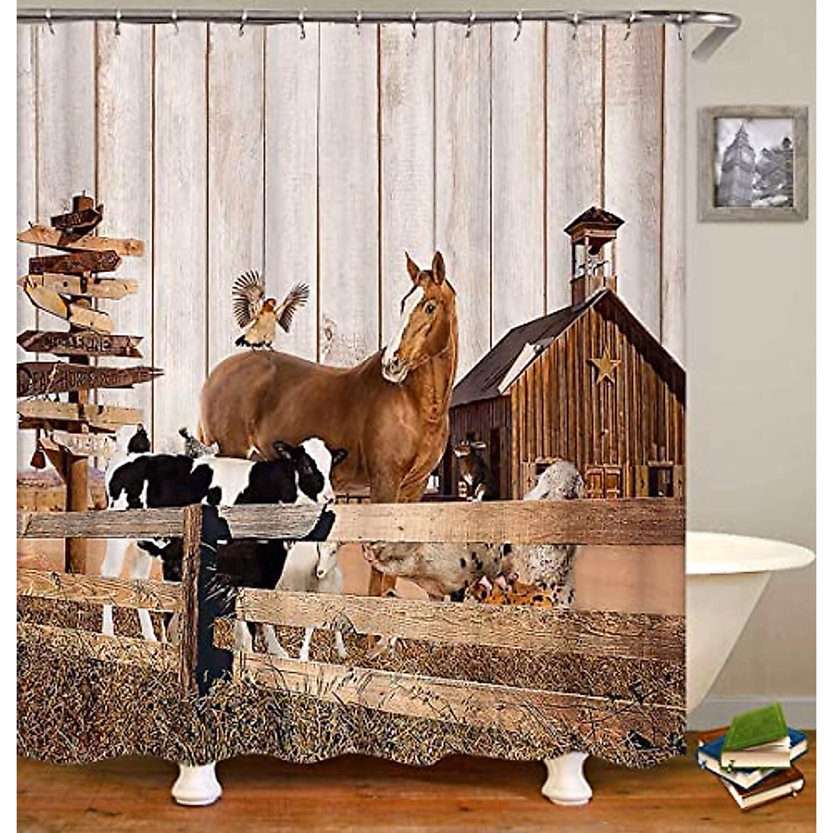 Camille&Andrew 4PCS Horse Shower Curtain Set, Cow Cattle Sheep Hen Farm Animal Brown Barn Western Country Rustic Farmhouse Bathroom Decor Waterproof Fabric Shower Curtain, Non-slip Bath Mat Toilet Rug