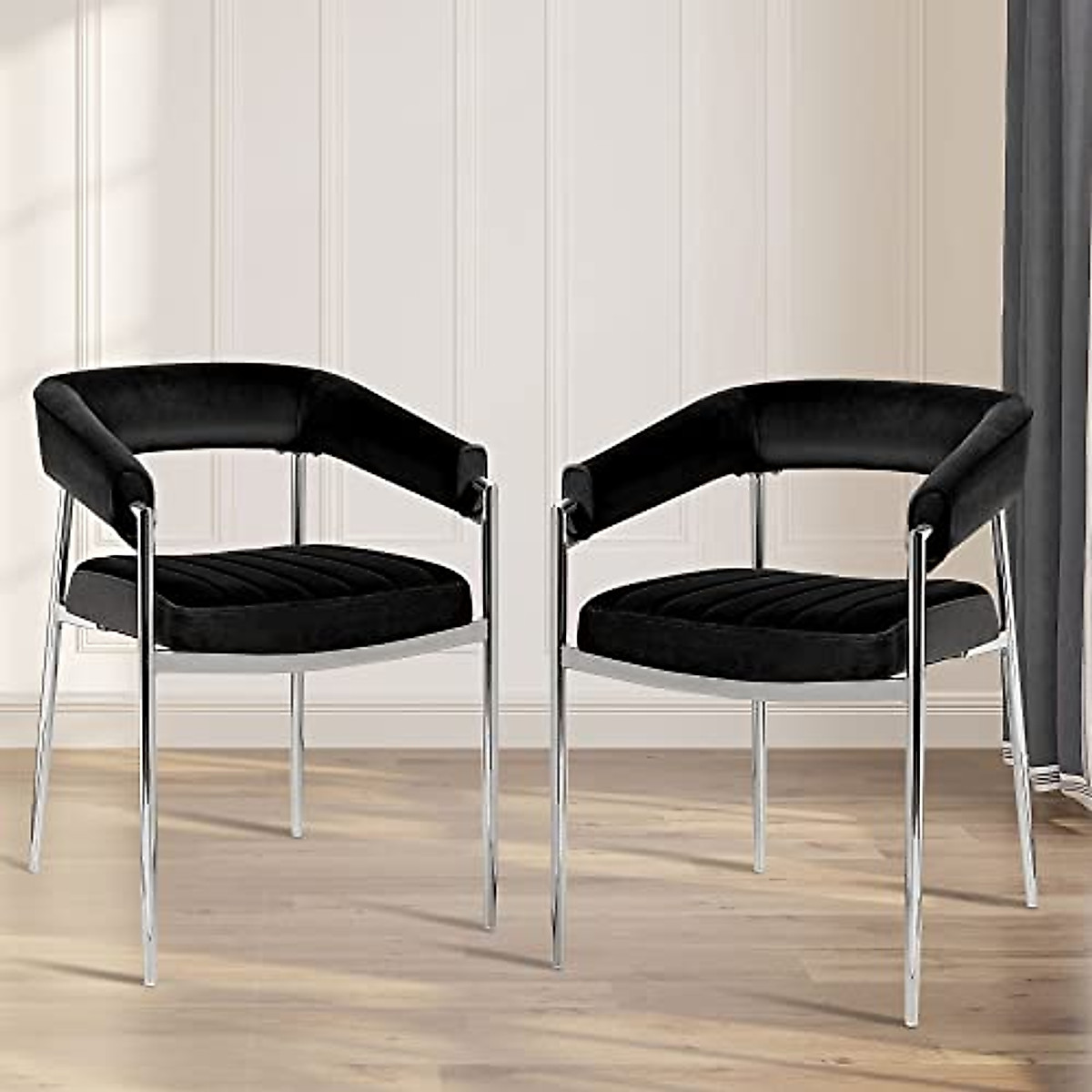 Bekrvio Dining Chairs Set of 2 Kitchen Dining Room Chairs with Arms and U-Shape Backrest, Mid Century Modern Living Room Accent Chair, Velvet Upholstered Kitchen Chairs with Metal Chrome Legs, Black