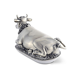 Vagabond House Pewter Metal Mabel the Cow Covered Butter Cream Cheese Dish Container Keeper Heirloom Quality with Stoneware Tray Base 8.5 inch Long