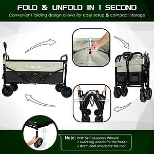 Kamopot Large Collapsible Wagon Foldable for Grocery, Beach, Park, Yard, 34 x 18 Inch Inner Storage. Folding Utility Shopping Cart on Wheels. Heavy Duty, Durable w/Cupholders (Black-Gray)