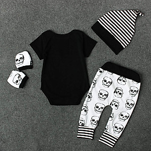 puseky 4pcs Newborn Baby Boys Girls Skull Romper+Pants+Hat+Mitten Halloween Outfit Set (0-6 Months, Black+White)
