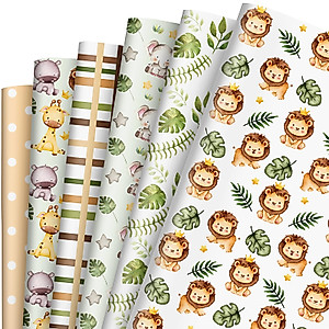Whaline 12 Sheet Baby Shower Wrapping Paper Jungle Safari Wildlife Gift Wrap Paper Folded Flat Elephant Giraffe Lion Art Paper for DIY Craft Party Decor Wrapping Supplies