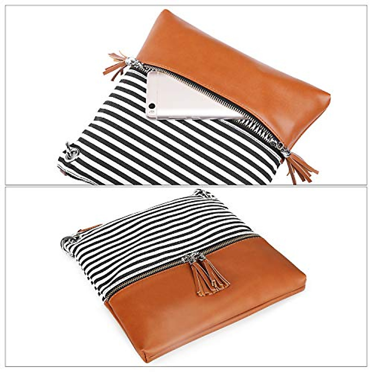 Newshows Women Lightweight Crossbody Bag Purse with Tassel Medium Canvas PU Leather, Zipper