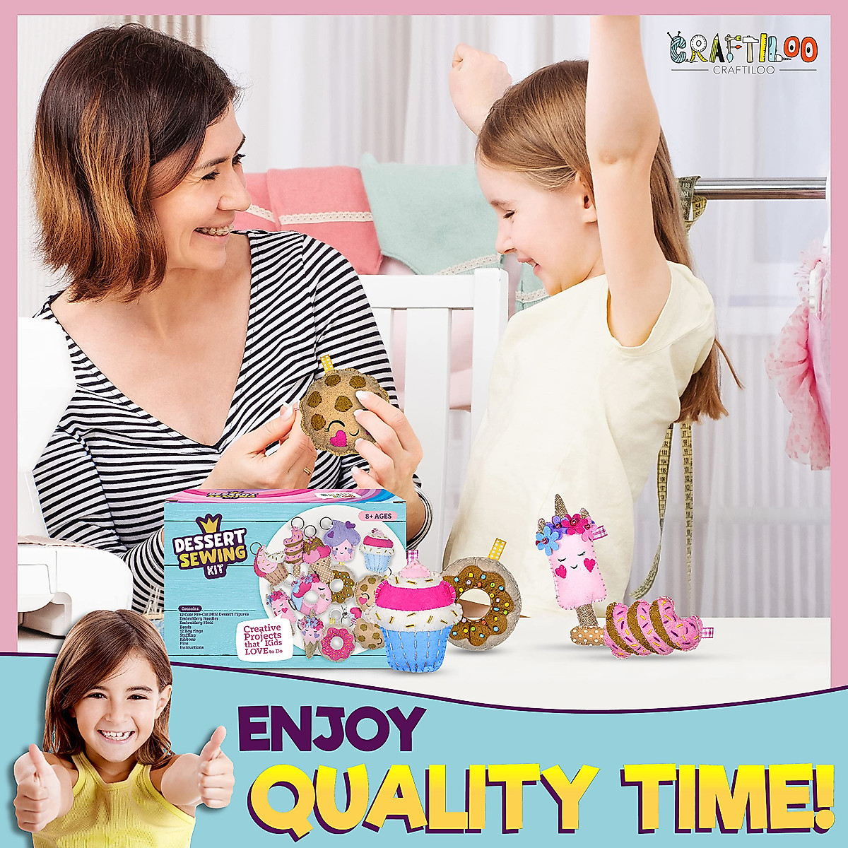 12 Pre-Cut Mini Treats Dessert Fun Kids Sewing Kit for Kids Ages 8-12 Children Beginners Sewing kit kid crafts Make Your Own Felt Pillow Plush Craft Kit Girls and Boys Art Craft Kits Learn to Sew Kit