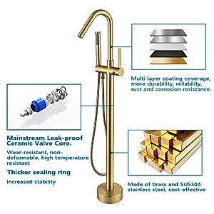 SATICO Freestanding Bathtub Faucet Gold Brushed Brass FF034BB Bathroom Single Handle Floor Mounted Tub Filler with Hand Shower Mixer Taps Swivel Spout