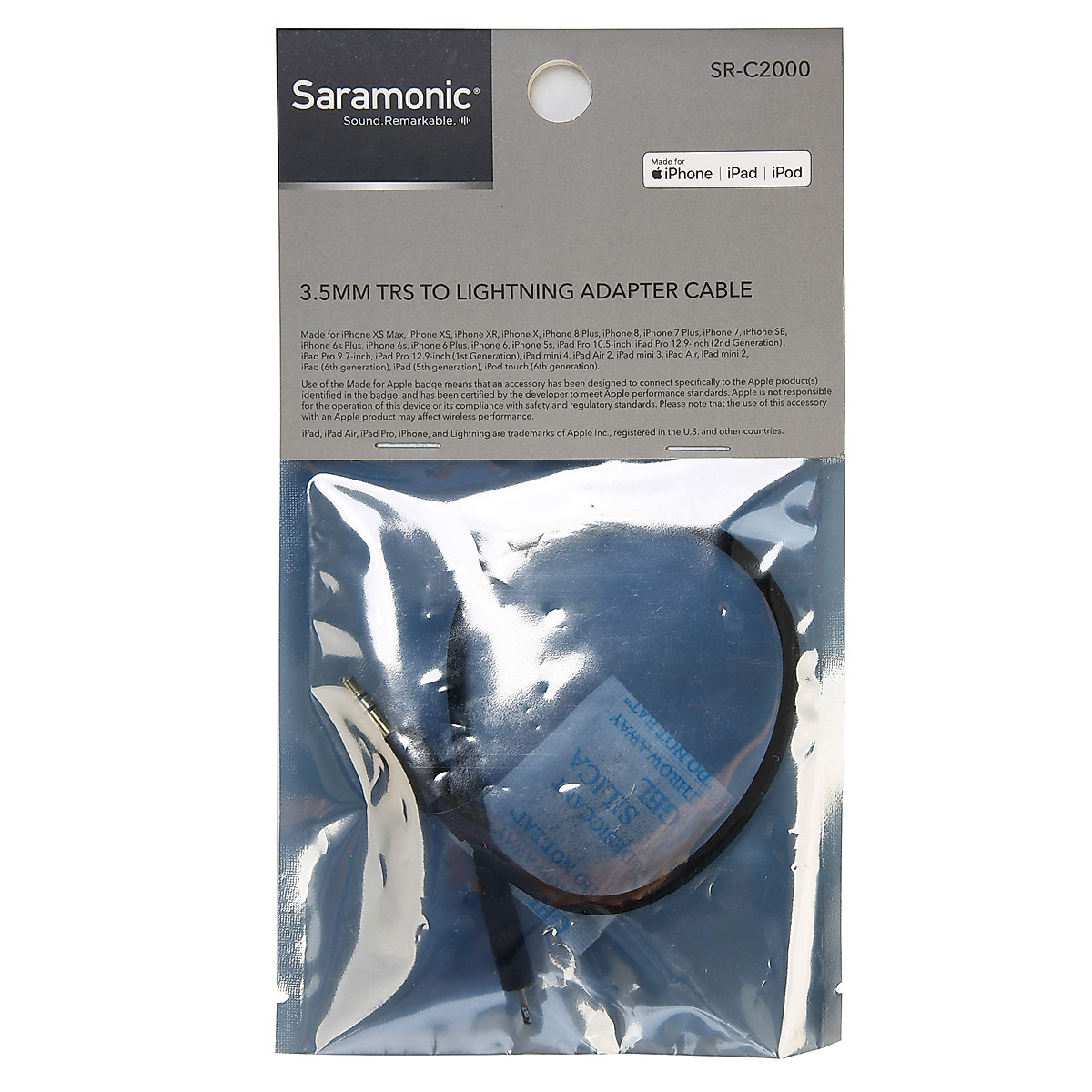 Saramonic 3.5mm TRS Male to Apple Lightning Connector Microphone & Audio Adapter Cable 9" (22.86cm) (SR-C2000), black