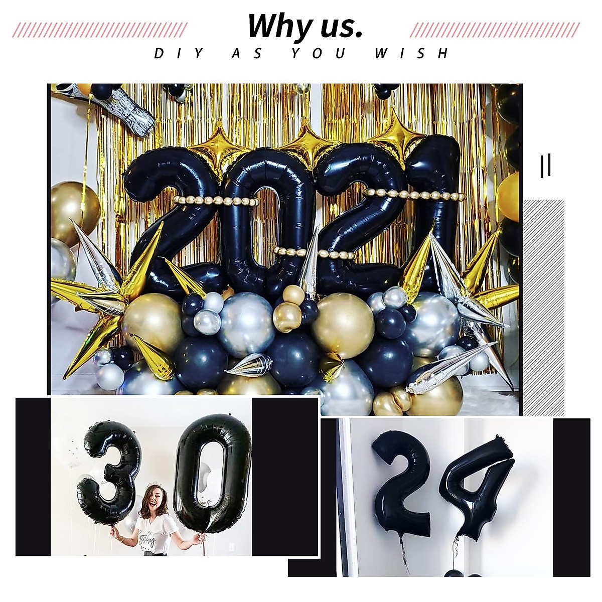 40 Inch 2024 Pack of 4 Black Huge Numbers Balloons Giant Large Helium Foil Mylar Big Number for Christmas New Year Party Graduation Birthday (Black, 40 Inches)