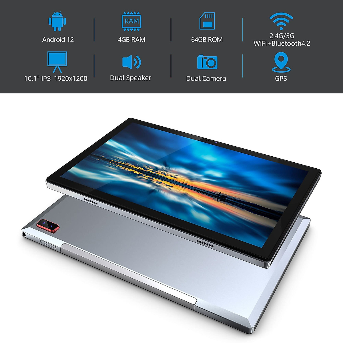 BYYBUO SmartPad T10 2023 Full HD 10.1 inch Android 12 Tablet, Octa-Core 2.0 GHz Processor, New Upgrade 7000mAh Battery Capacity, 64GB ROM 1920x1200 Resolution, 2.4G+5G WiFi,Bluetooth,GPS,FM,Gray