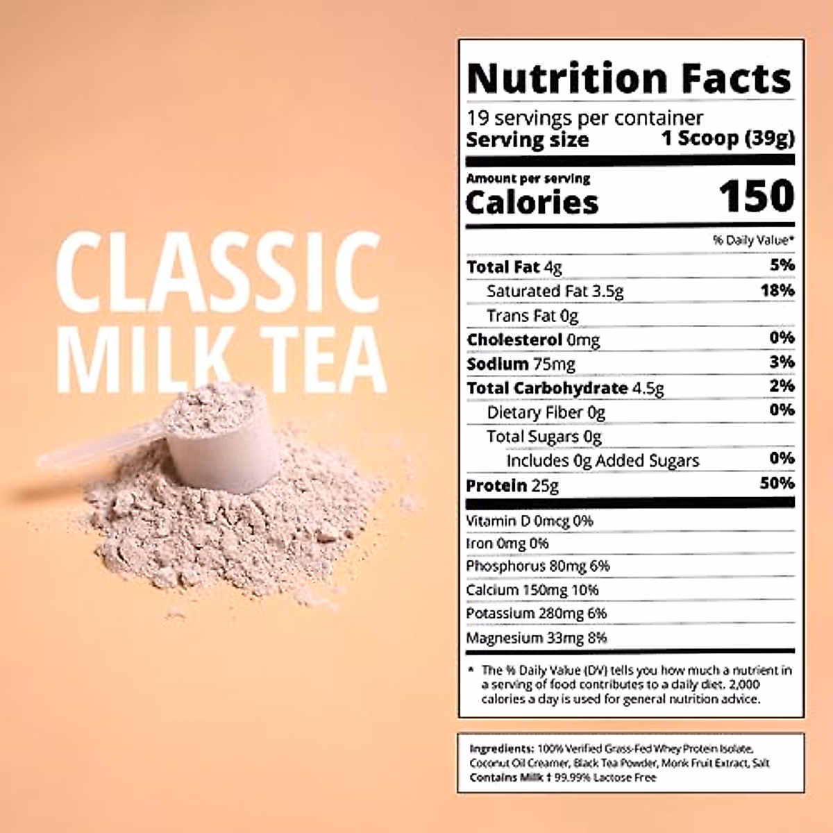 Classic Milk Tea Protein Powder | 25g Grass-Fed Whey Protein Isolate Powder | Gluten-Free & Soy-Free Bubble Tea Protein Drink | Real Ingredients & Lactose-Free | 19 Servings