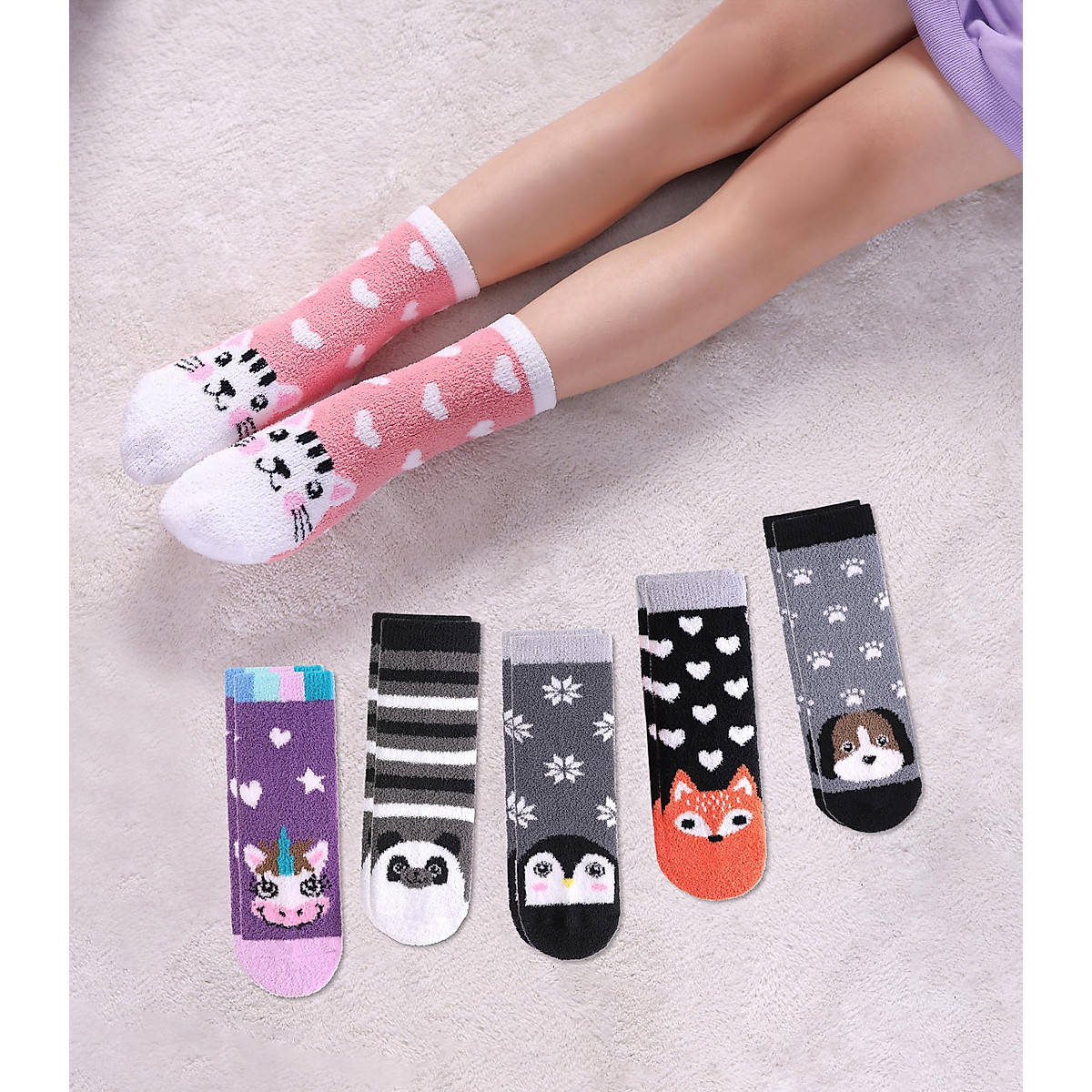 SDBING Kids Fuzzy Socks, Toddlers Non Slip Socks Boys Girls Cute Cozy Winter Warm Crew Socks with Grips 6 Pairs (8-12 Years, Cute Animal)