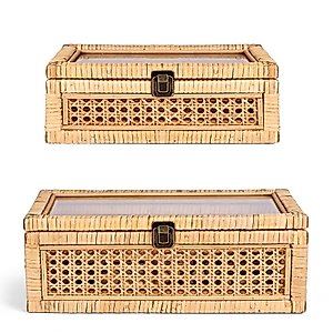 HUAXIN CRAFT H Rattan Decorative Box with Lid, Rectangular Woven with Glass for Display, Set of 2 Wicker for Decor