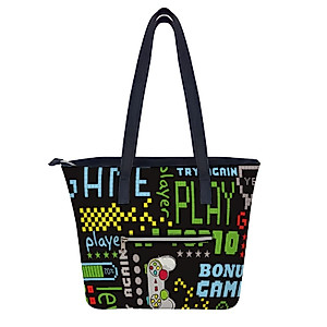 Pixel Words Game Style Women's Tote Bag PU Leather Shoulder Bag Handbags Purse For Work Shopping Travel