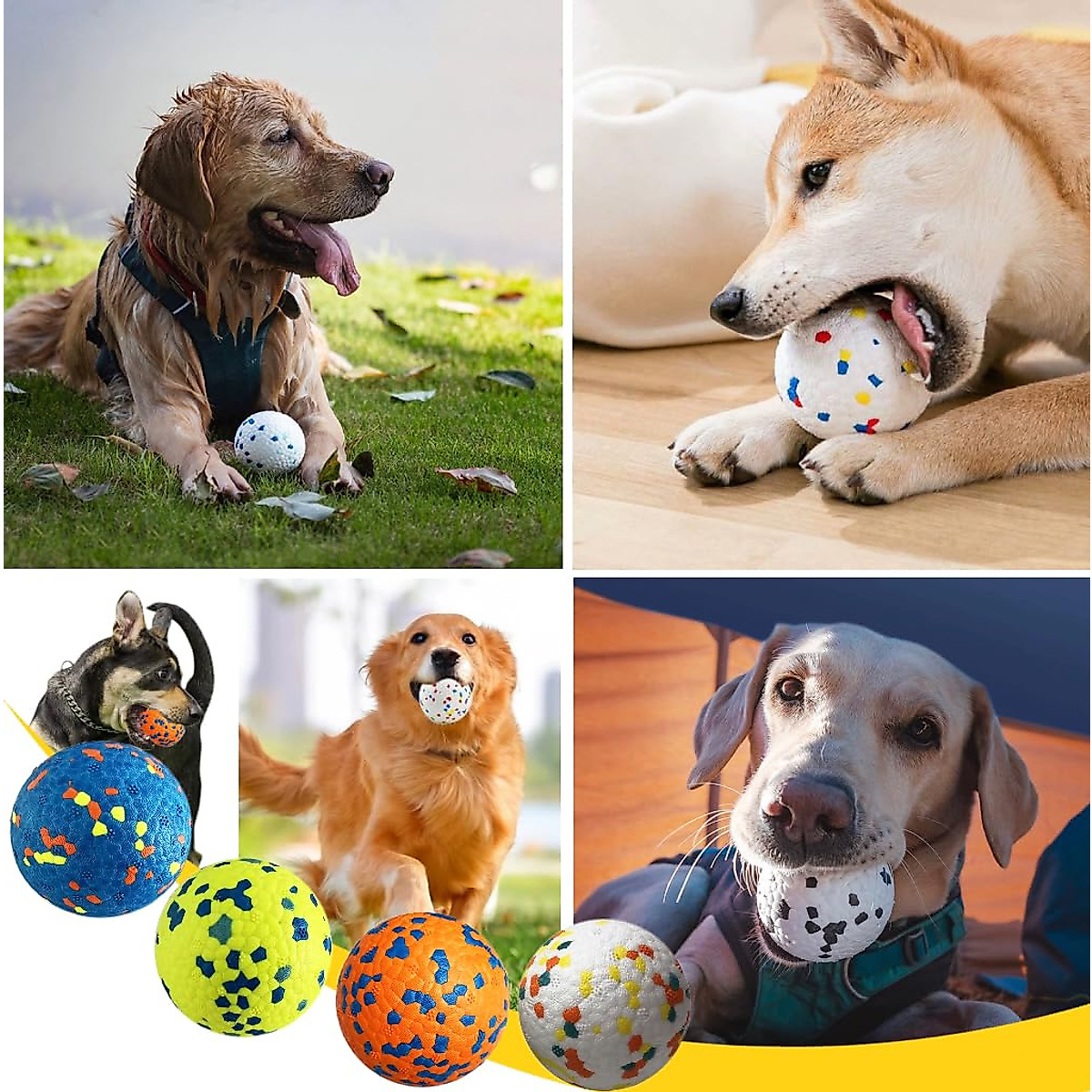 KUNHEHO 4pcs Indestructible Dog Balls for Aggressive Chewers - Atom Teething Chew Toys Water Toy Fetch Balls for Medium and Large Dogs (4 colors,3")