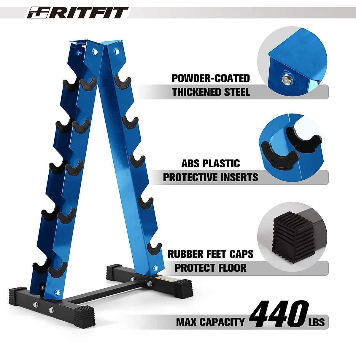 RitFit 250LB Rubber Hex Dumbbell Sets with Weights Rack, Multiple Color Choices Available, Great Gym Equipment for Home, Strength Training, Workouts (250LB, Blue)
