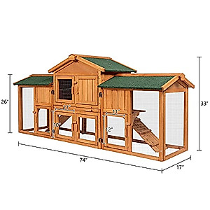 Rabbit Hutch Outdoor 74" Extra Large Bunny Cage with 2 Runs House Small Animal Habitats for Guinea Pigs Hamster Removable Tray Two Tier Waterproof Roof Pet Supplies Cottage Poultry Pen Enclosure