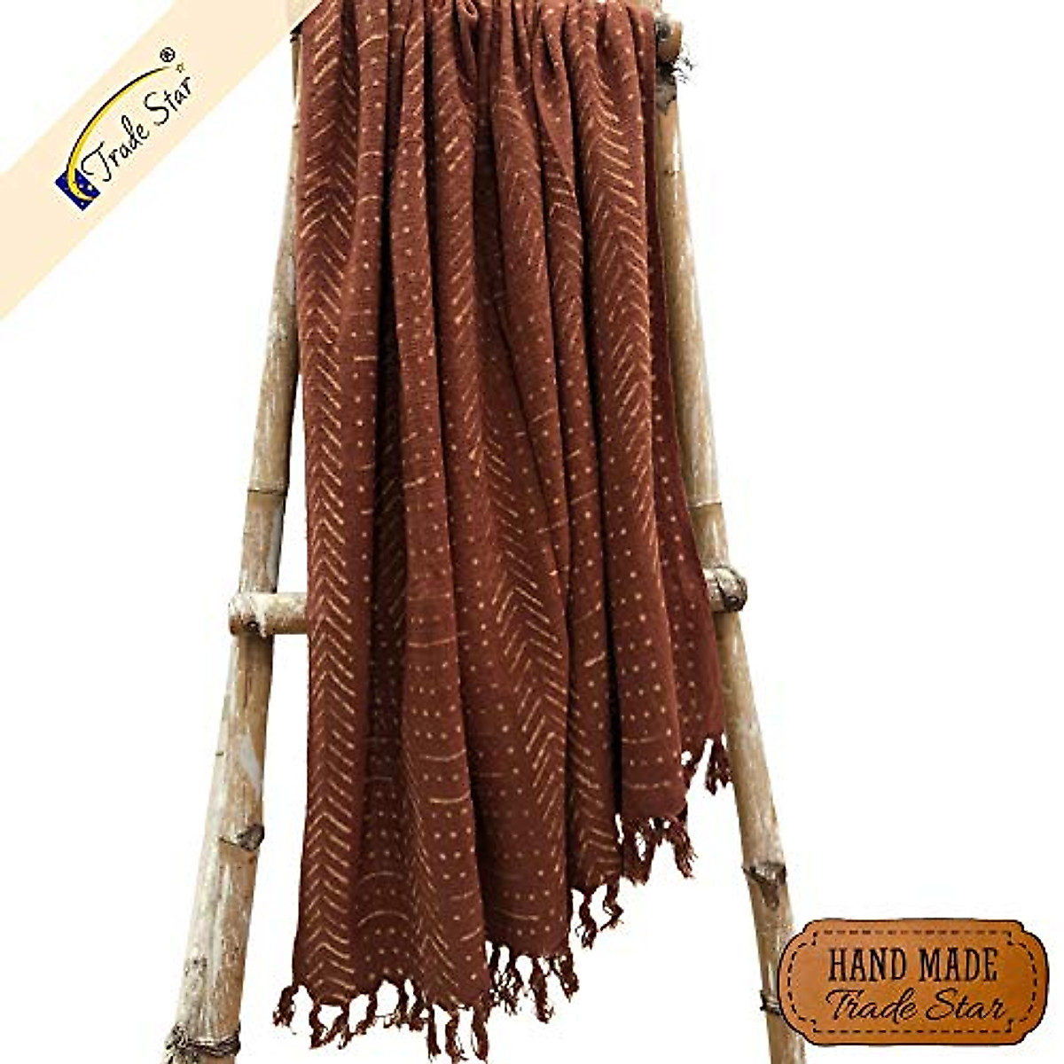 Trade Star Decorative Ethnic Block Print Throw Blanket for Couch 100% Cotton Soft Tassel Blanket Handmade Mudcloth Throw for Home Handloomed Housewarming Gift (Rust, Snow (120 x 170 Cms))