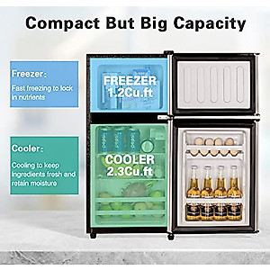 Anukis Compact Refrigerator 3.5 Cu Ft 2 Door Mini Fridge with Freezer For Apartment, Dorm, Office, Family, Basement, Garage, Silver