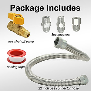 TT FLEX One Stop Gas Appliance Hook Up Kit, 22" Stainless Steel Flexible Gas Connector with 1/2" Brass Gas Shut off Valve and Fittings for Gas Log, Stove, Garage Heater, Dryer, Fireplace, 6-Piece