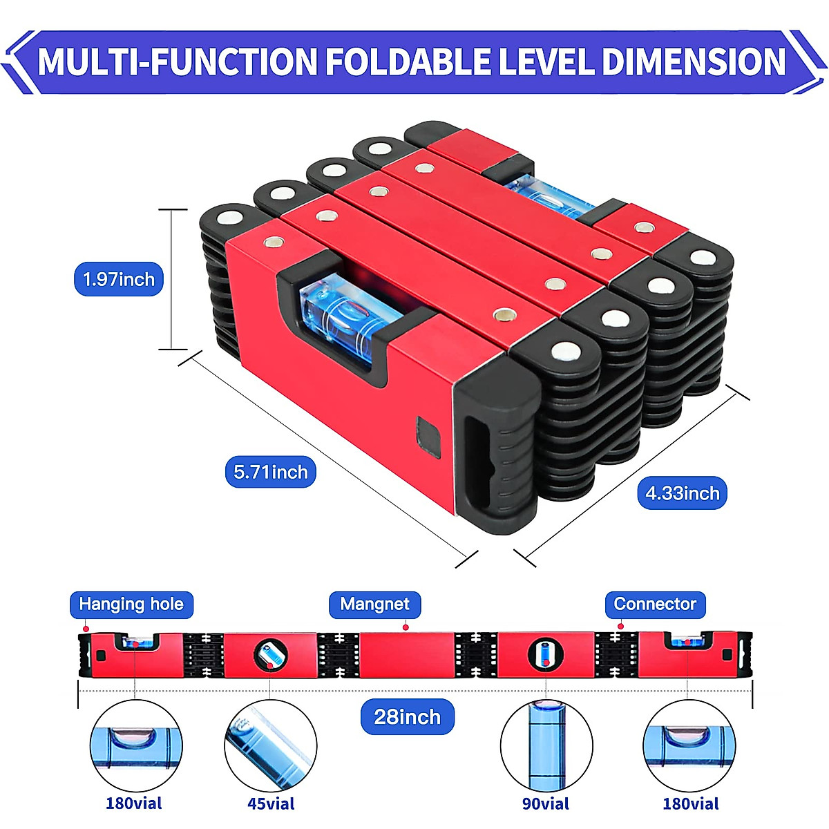 Multi-Function Foldable Level, 28 Inch Foldable Level Measuring Tool with 4 Easy-Read Level Bubbles 45°/90°/180°, Multi-Angle Measurement Woodworking Tool for Carpenters, Woodworkers, Fabricators