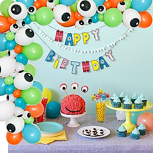 Monster Balloon Garland Arch Kit, 110pcs Eyeball Balloons, Orange, Caribbean Blue, Lime Latex Balloon Arch for Kids Monster Themed Birthday,Little Monster Birthday, Little Monster is Turning One